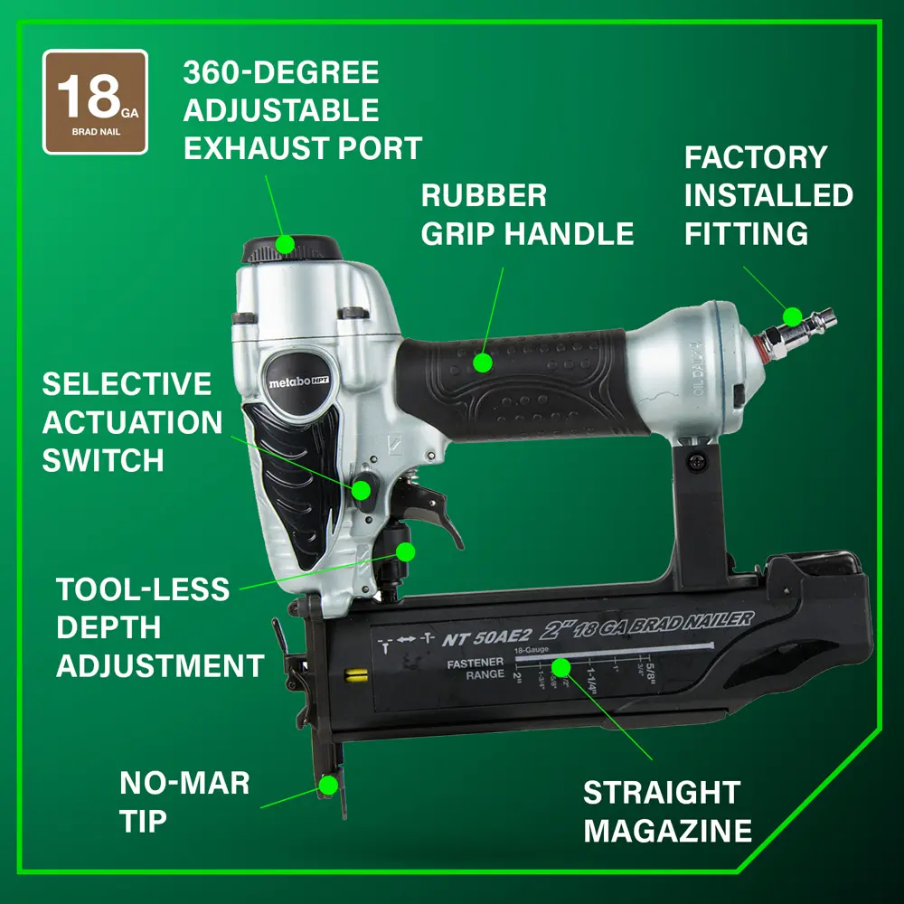 Metabo HPT NT50AE2 2" 18-Gauge Brad Nailer | 5/8"-2" Brads | With Case ...
