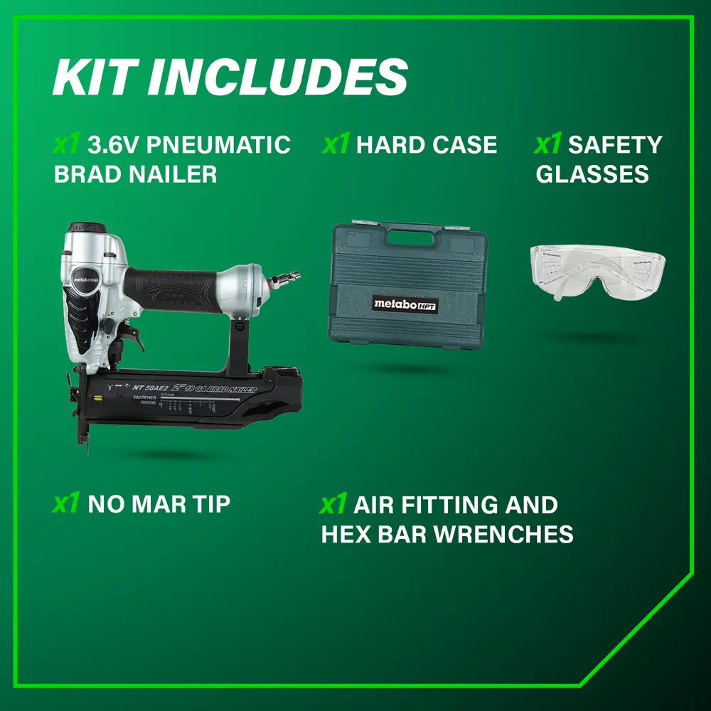 Metabo HPT NT50AE2 2" 18-Gauge Brad Nailer | 5/8"-2" Brads | With Case ...